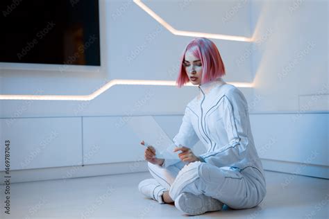 Woman With Futuristic Tablet In Hand Girl In Glasses Of Virtual Reality Augmented Reality