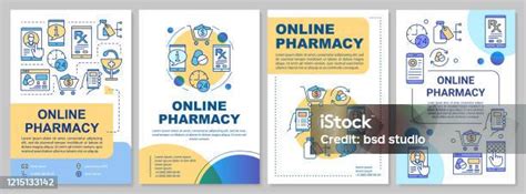 온라인 약국 브로셔 템플릿 레이아웃 인터넷 약국 전단지 소책자 선형 그림이있는 전단지 인쇄 디자인 잡지 연례 보고서 광고 포스터에 대한 벡터 페이지 레이아웃 약국에 대한