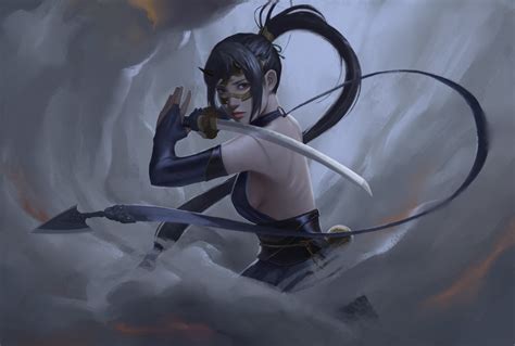 배경 화면 여자들 판타지 소녀 흑발 긴 머리 포니 테일 뷰어를보고 마스크 어느 한 쪽 전사 Warrior