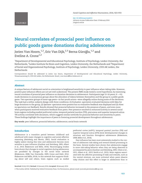 Pdf Neural Correlates Of Prosocial Peer Influence On Public Goods Game Donations During