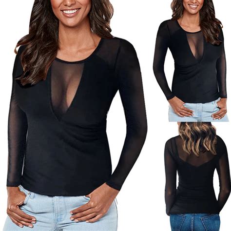Sexy Women Sheer Mesh Tops Sexy Long Sleeve Black See Throught Black