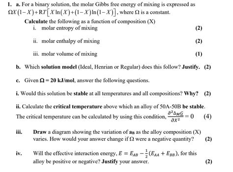 1 A For A Binary Solution The Molar Gibbs Free