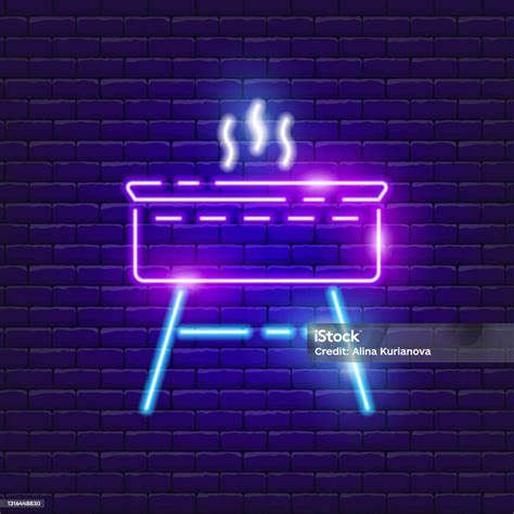 바베큐 그릴 네온 아이콘 광고 웹 사이트 프로모션 배너 브로셔 전단지의 디자인을위한 벡터 일러스트 화로 그릴 식품 개념 고기에 대한 스톡 벡터 아트 및 기타 이미지 Istock