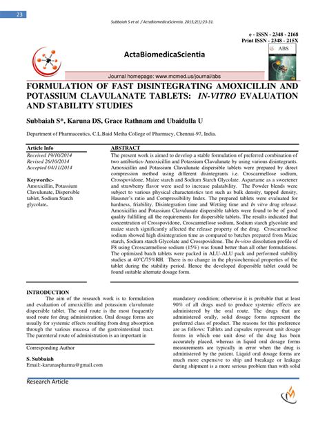 Pdf Formulation Of Fast Disintegrating Amoxicillin And Potassium Clavulanate Tablets In Vitro
