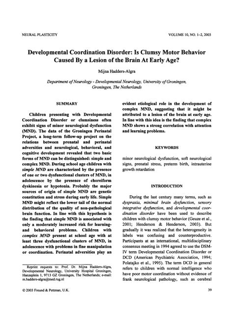 Pdf Developmental Coordination Disorder Is Clumsy Motor Behavior Caused By A Lesion Of The