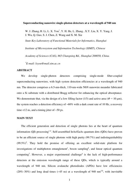 Pdf Superconducting Nanowire Single Photon Detectors At A Wavelength Of 940 Nm