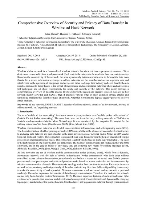 Pdf Comprehensive Overview Of Security And Privacy Of Data Transfer In Wireless Ad Hock Network