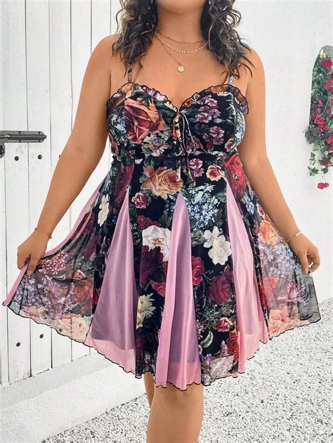 Shein Curve Plus Size Vintage Elegant Floral Print Asymmetrical Hem