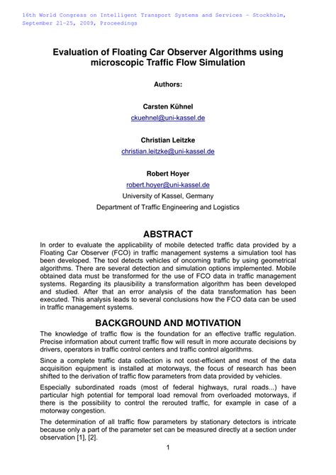 Pdf Evaluation Of Floating Car Observer Algorithms Using Microscopic