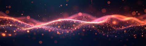 Abstract Tech Background With Digital Flowing Wave Glowing Particles Connection Lines On Dark