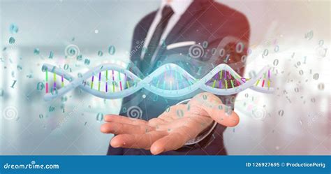 Businessman Holding A 3d Rendering Data Coded Dna With Binary File Around Stock Image Image Of