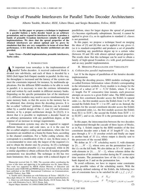 pdf design of prunable interleavers for parallel turbo decoder
