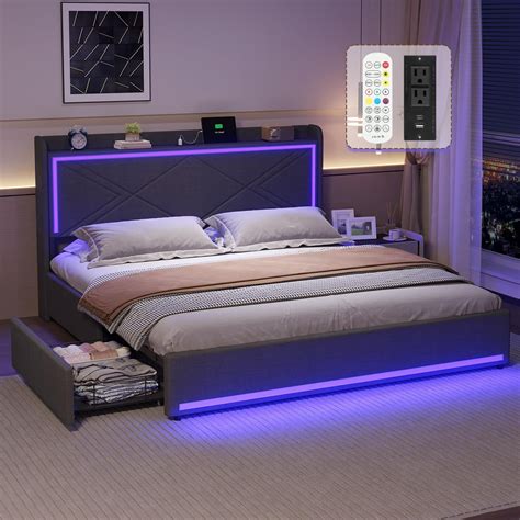 Queen Bed Frame With Rgb Led Lights Headboard And Usb Ca Charging