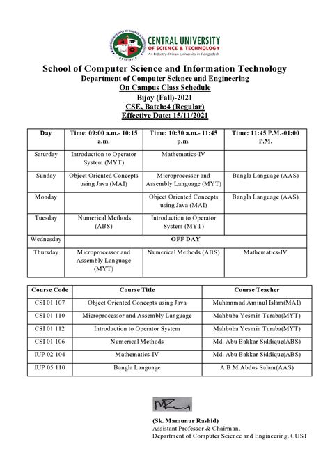 On Campus Class Schedule For Cse Batch 4 Regular Fall 2021