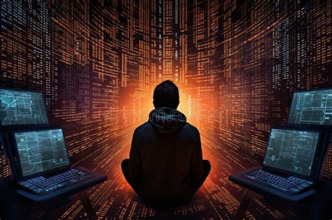 Back View Of A Hacker In The Process Of Hacking The Network Stock