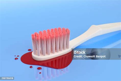 파란색 배경에 빨간 피가 떨어지는 3d 흰색 칫솔 잇몸 출혈 잇몸이 부어오른다 치과 치과 치료 치통 충치 및 발치 클리핑 경로 공간을 복사합니다 3d 일러스트 레이 션 3