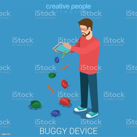 프로세스를 디버깅 하는 버그가 장치 평면 3d 아이소메트리 Isometric 기술 개념 웹 벡터 일러스트 레이 션 젊은 남자 태블릿 Pc 버그 웜 드롭이을 멀리 흔들어 크리
