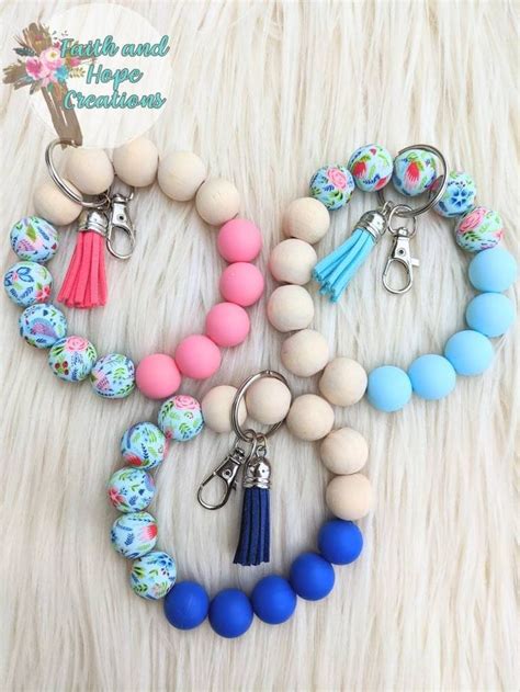 Beaded Floral Print Keychain Bracelet Keychain Wristlet Keychain For Women Beaded Keychain