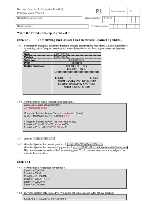 Decision Science 1 Practical Week 1 Exercises And Solutions Studeersnel