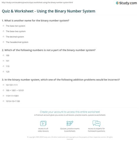 Quiz And Worksheet Using The Binary Number System