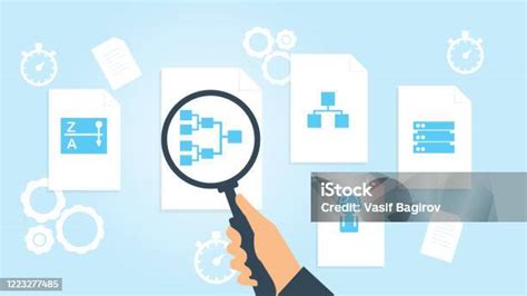 데이터베이스 서버 파일 문서 연구 벡터 일러스트레이션 검색 아이콘으로 문서작성합니다 파일 및 돋보기 분석 연구 기호입니다 벡터 일러스트레이션 개념에 대한 스톡 벡터 아트 및