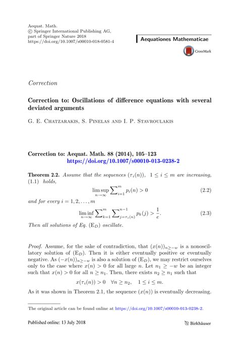 Pdf Correction To Oscillations Of Difference Equations With Several Deviated Arguments