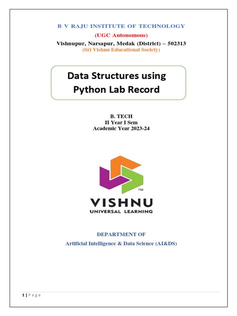 Data Structures Using Python Lab Record Vishnupur Narsapur Medak District 502313 Pdf