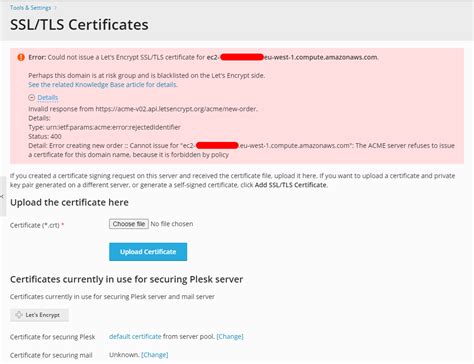 Could Not Issue A Lets Encrypt Ssl Tls Certificate For Aws Lightsail Plesk Server Help Let