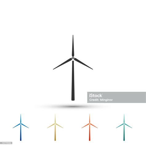 바람 터빈 아이콘 흰색 배경에 고립입니다 바람 생성기 서명입니다 풍차의 실루엣입니다 전력 생산을 위한 풍차입니다 컬러 아이콘에 요소를 설정 합니다 벡터 일러스트 레이 션