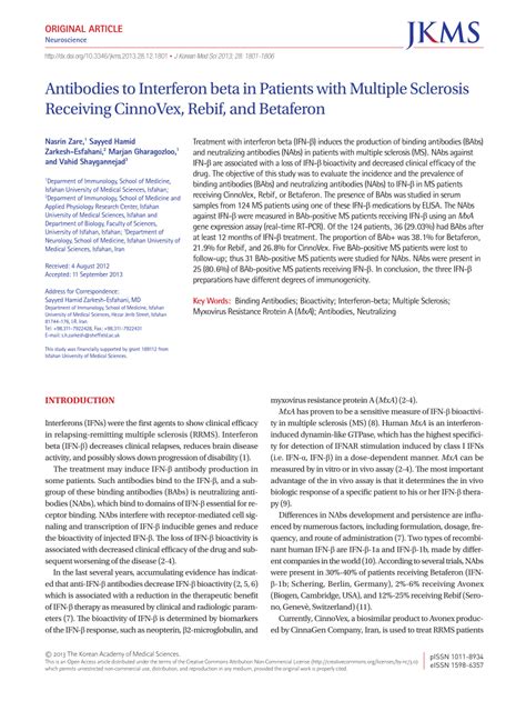 Pdf Antibodies To Interferon Beta In Patients With Multiple Sclerosis Receiving Cinnovex