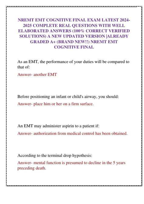 Nremt Emt Cognitive Final Exam Latest Complete Real Questions With Well Elaborated Answers 100