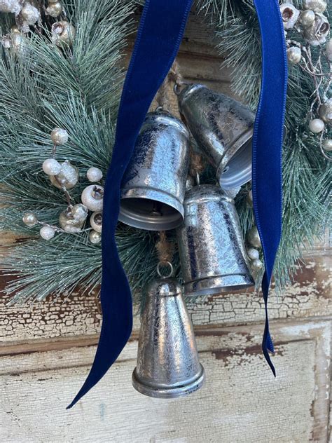 Silver And Blue Christmas Wreath With Silver Bells Frosted Pine Wreath
