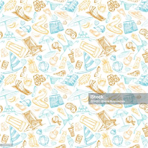 만화 스타일의 바다 여행 해변 휴가 및 여름 휴가의 개념 원활한 여름 배경 고립 된 흰색 배경에 여러 가지 색상의 자유형 그림 웹 응용 프로그램 프리젠 테이션 디자인 및