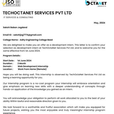 Sakshi Jogdand On Linkedin Intership Webdevelopment Techoctanetservicespvtltd