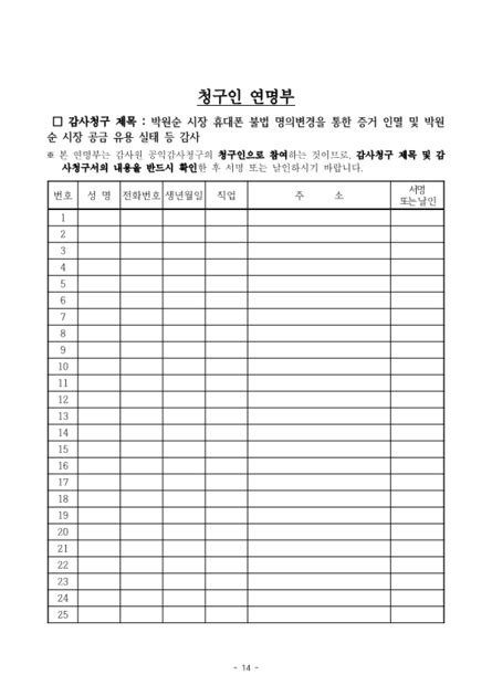 20210121 한국여성정치네트워크 박원순 전 서울시장 휴대폰 명의변경 관련 서울시 국민감사청구 진행 한국여성정치네트워크 보도자료