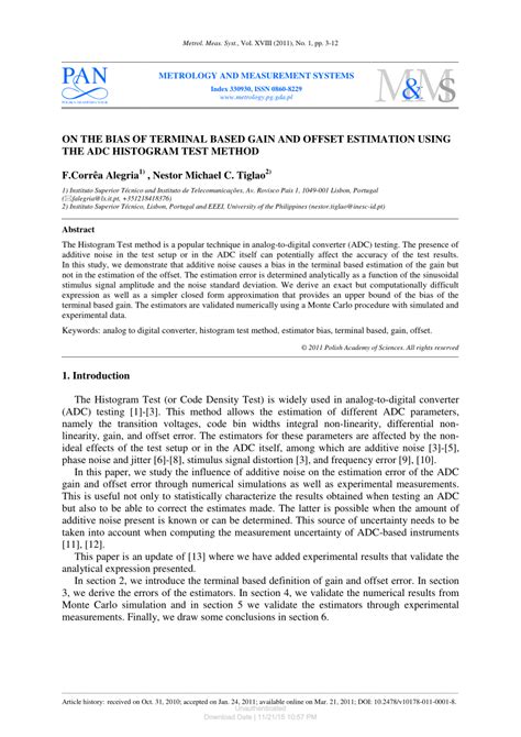Pdf On The Bias Of Terminal Based Gain And Offset Estimation Using The Adc Histogram Test Method
