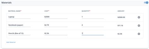 Set Up Materials Details