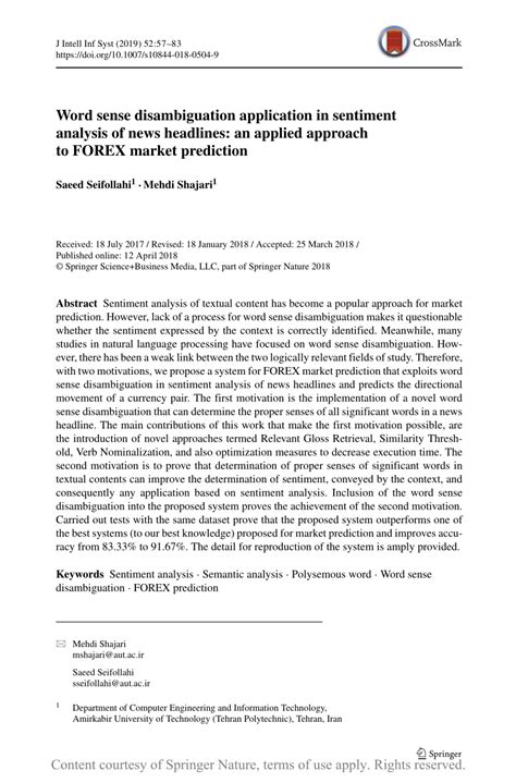 Word Sense Disambiguation Application In Sentiment Analysis Of News Headlines An Applied