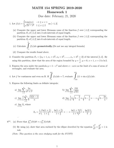 Math154 Hw 1 Math 154 Homework Assignment Number 1 Spring Semester Math 154 Spring 2019