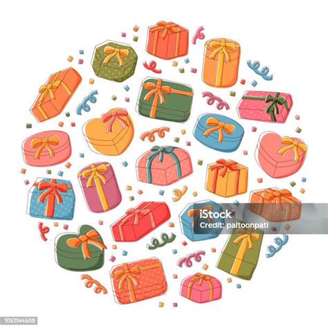 선물 상자 아이콘 아이 손을 그리기 설정된 패턴 배경 원 모양 그림 화려한 흰색 배경 벡터 Eps 10에 고립 낙서 드로잉에 대한 스톡 벡터 아트 및 기타 이미지 Istock