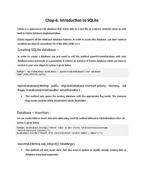 Chap 6 Introduction To Sqlite Pdf Method Computer Programming Databases