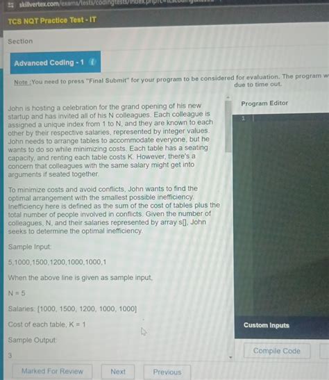 Solved TCS NQT Practice Test ITSectionAdvanced Coding Chegg Com