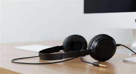 Headphones Resting On A Wooden Desk Next To A Computer Keyboard And Screen Stock Illustration