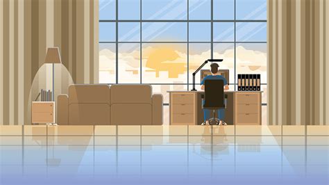 시간이 지남에 따라 열심히 일하는 프리랜서 라이프 스타일 개념 집 직장에서 데스크톱 컴퓨터에서 집에서 작업 이른 아침 일출에 혼자 온라인 직업의 전문 직업 후면에 대한 스톡