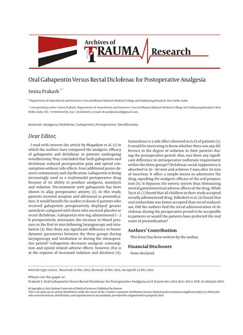 Pdf Oral Gabapentin Versus Rectal Diclofenac For Postoperative Analgesia