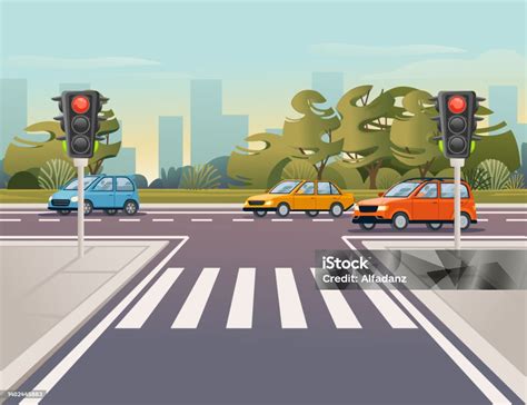 보행자 횡단보도와 맑은 하늘 벡터 일러스트레이션으로 화창한 날의 신호등으로 도로를 따라 운전하는 도로 교통 교차로에 대한 스톡 벡터 아트 및 기타 이미지 Istock