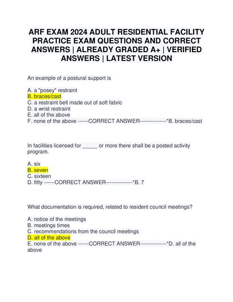 Arf Exam 2024 Adult Residential Facility Practice Exam Questions And Correct Answers Exams