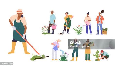 행복한 사람들 만화 캐릭터 정원 가꾸기 및 심기 농업 작업 고립 된 세트 원예에 대한 스톡 벡터 아트 및 기타 이미지 원예