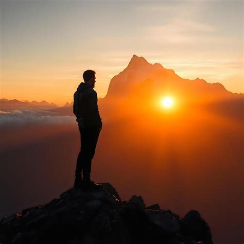 Man Standing On Mountain Peak At Sunset Premium Ai Generated Image