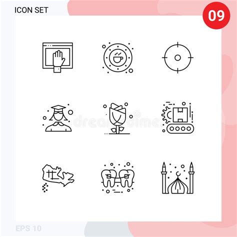 group of 9 outlines signs and symbols for woman graduation drink